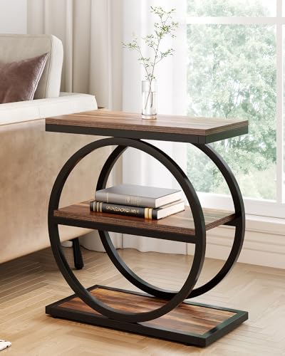 LITTLE TREE End Table, 3-Tier Side Table, Slim Sofa Side Table for Living Room, Tall Bedside Table Nightstand for Bedroom, Rustic Brown and Black