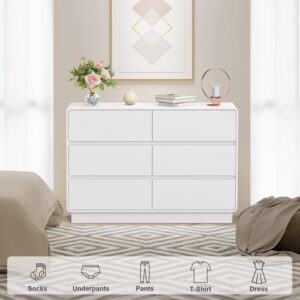 OTUTUMUS 6 Drawers Double Dresser, White Modern Chest of Drawer, Curved Edged Wood Dresser for Bedroom Living Room, Closet, Office, Hallway