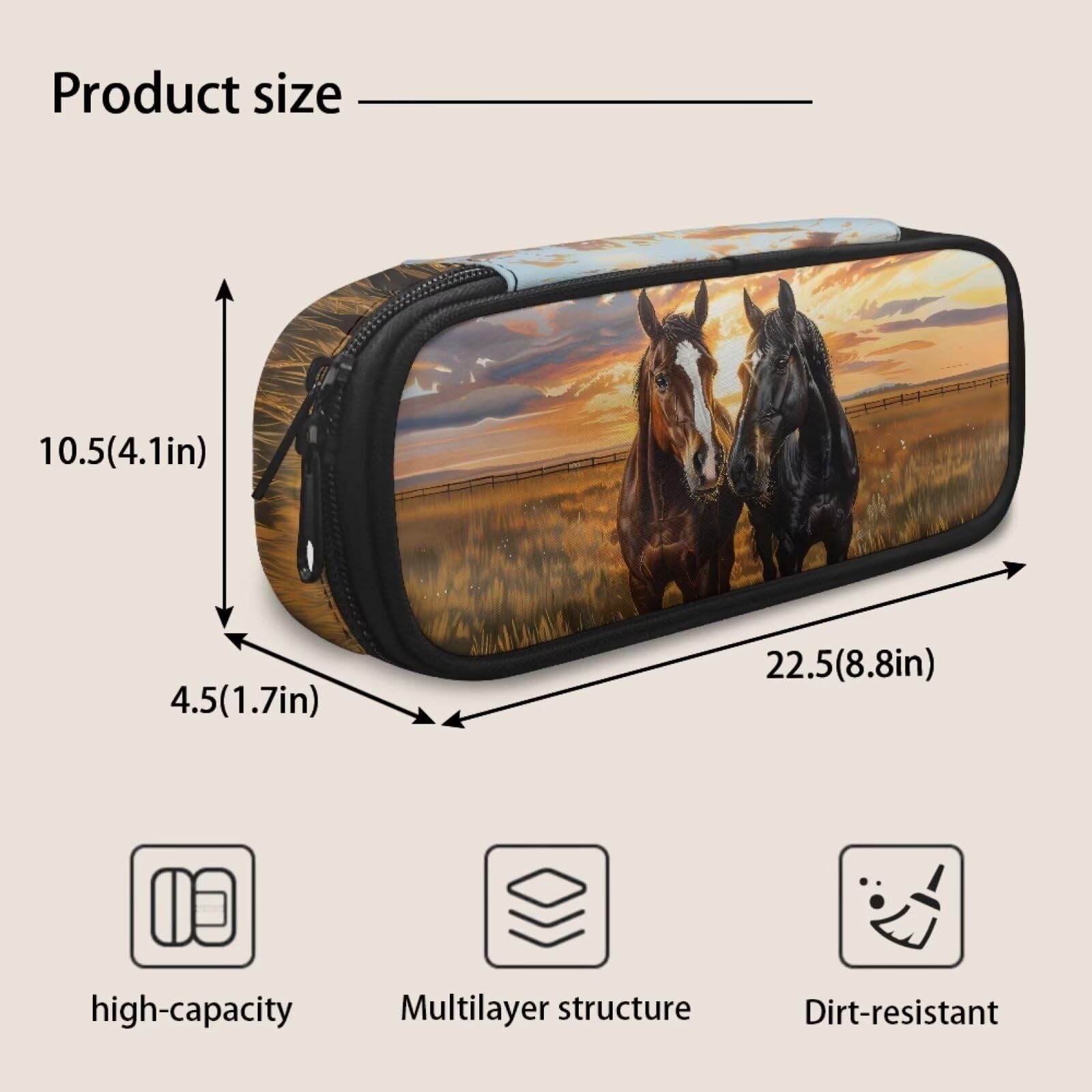 TSOVTHRID Brown Horse Sunset Print Pen Cases for Girls Boys, Large Capacity Pencil Box School Supplies Case Stationery Pouch Pencil Holder with Zipper