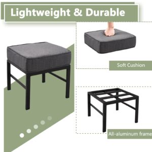 Auzfy 2 Pieces Outdoor Ottomans for Patio, Assembled Aluminum Outdoor Ottoman with Gray Cushions, Aluminum Small Outdoor Foot Stools for Patio Porch Yard Garden Deck, Black Frame