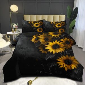 CCoutueChen Black Floral Comforter Yellow Sunflower Painting Comforter Set Full Size Botanical Flowers Bedding for Women Girls Kids Teens Lightweight Summer Bed Set