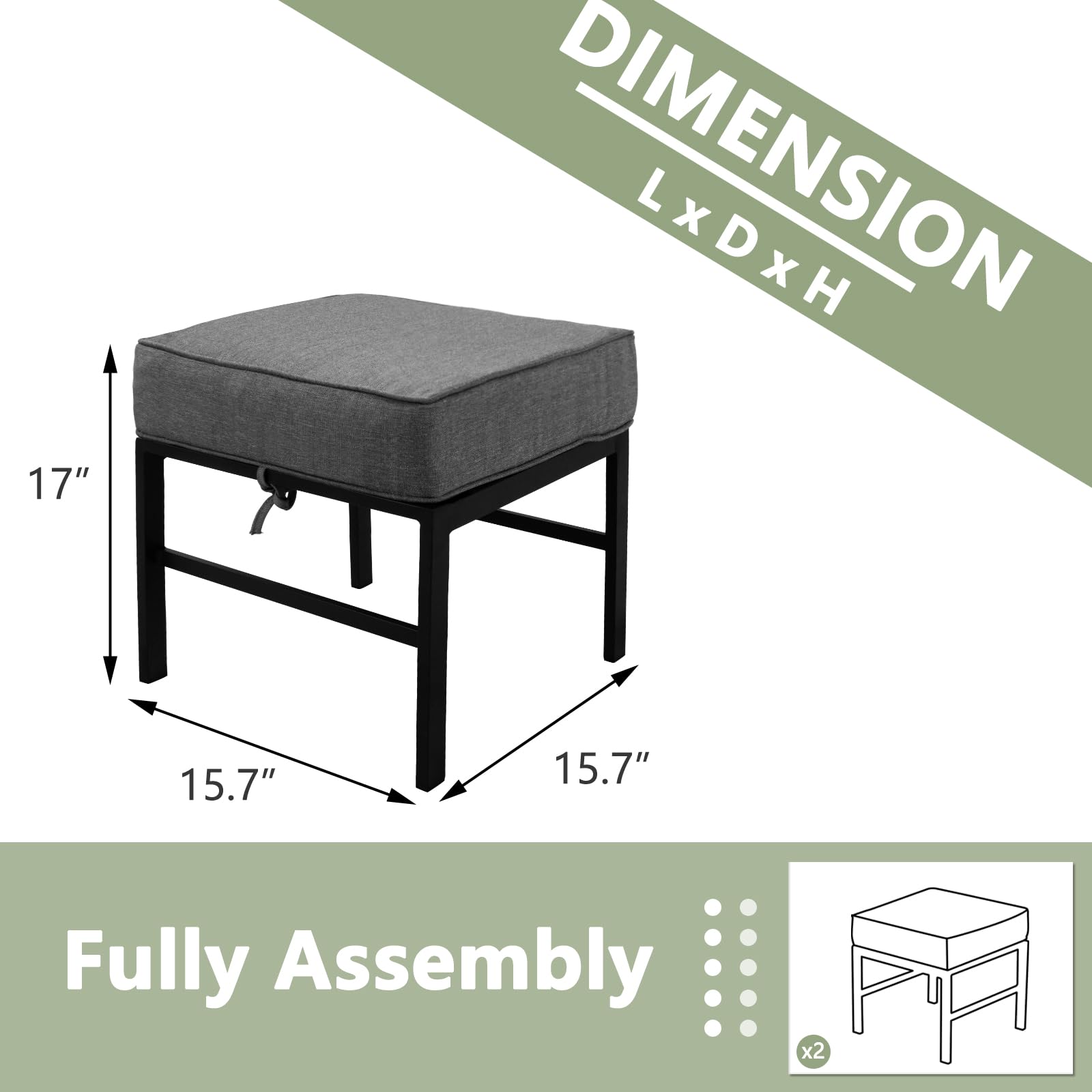 Auzfy 2 Pieces Outdoor Ottomans for Patio, Assembled Aluminum Outdoor Ottoman with Gray Cushions, Aluminum Small Outdoor Foot Stools for Patio Porch Yard Garden Deck, Black Frame