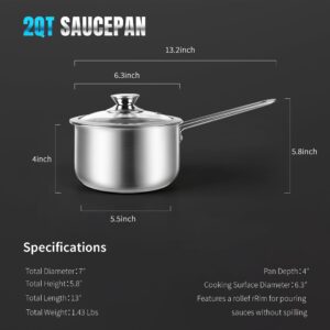 AuFranc® 2 Quart Tri-ply Stainless Steel Saucepan with Glass Lid, Induction Sauce Pan Compatible with All Cooktops, Non-Toxic Sauce Pot with Stay Cool Handle, Oven & Dishwasher Safe (Silver)