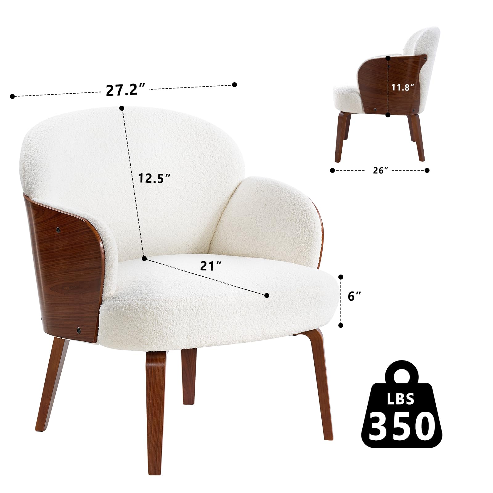 Jocisland Mid Century Modern Accent Chairs Set of 2 - Plush Teddy Velvet Upholstered Armchair with Solid Bentwood Frame, Comfy Vanity Chair for Living Room Bedroom Reading Makeup Room(White)