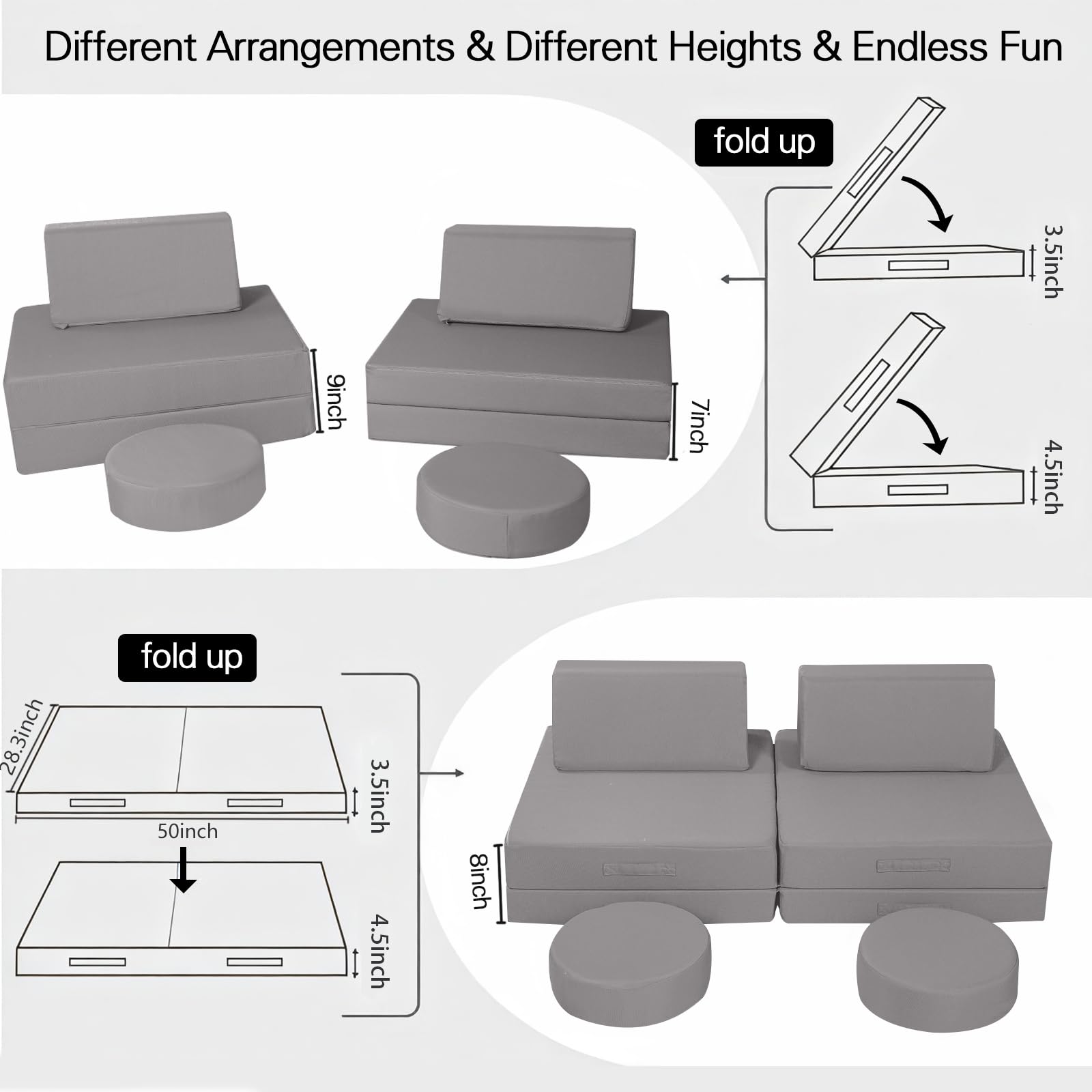 MeMoreCool Modular Toddler Couch Building Fort for Playroom, 8pcs Fold Out Baby Couch Play Set, Convertible Children Foam Couch, Grey