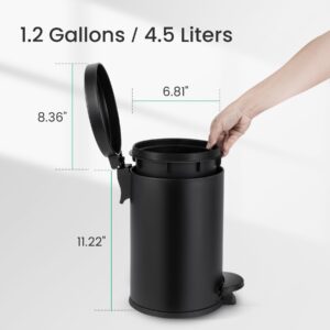 Cesun 1.2 Gallons Small Black Trash Can, Bathroom Garbage Can with Lid and Foot Pedal, Mini Round Wastebasket for Bathroom, Bedroom, Office, 4.5 Liters / 1.2 Gallons, Matte Black