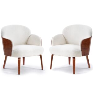 Jocisland Mid Century Modern Accent Chairs Set of 2 - Plush Teddy Velvet Upholstered Armchair with Solid Bentwood Frame, Comfy Vanity Chair for Living Room Bedroom Reading Makeup Room(White)