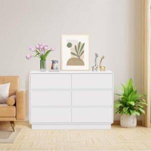 OTUTUMUS 6 Drawers Double Dresser, White Modern Chest of Drawer, Curved Edged Wood Dresser for Bedroom Living Room, Closet, Office, Hallway