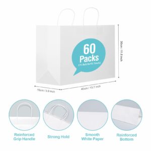 woric 60 PCS White Paper Bags with Handles, Christmas Gift Bag 16 x 6 x 12 inch Large Gift Bag Bulk Shopping Bags for Grocery Small Business Stocking Stuffers