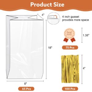 65 Pcs Bread Bags for Homemade Bread, 8"x 18" Clear Plastic Bread Bags with 100 Ties 75 Stickers Reusable Bread Storage for Home Bakery Christmas Gift Wrap