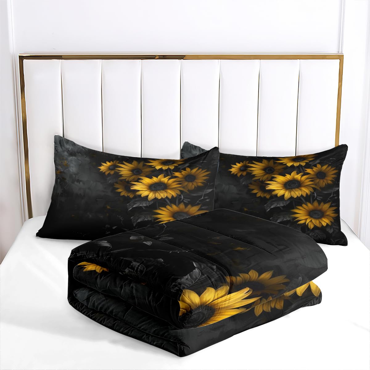 CCoutueChen Black Floral Comforter Yellow Sunflower Painting Comforter Set Full Size Botanical Flowers Bedding for Women Girls Kids Teens Lightweight Summer Bed Set