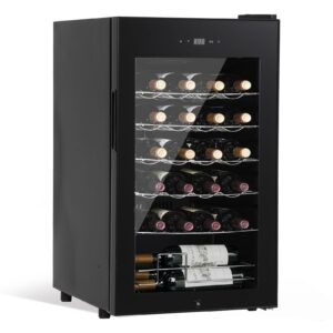 28 bottle compressor wine cooler refrigerator, wine fridge freestanding wine cellar for red wine, white, champagne, sparkling wine with digital temperature control, soft led light, glass door