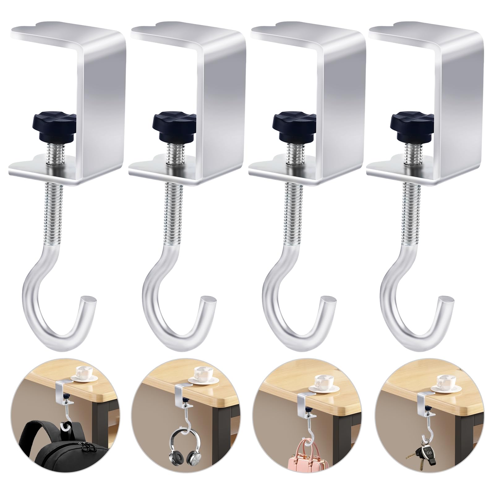 ZLSPTK 4Pcs Desk Hook for Hanging Bag Backpack Under Desk Clamp J Hooks Heavy Duty Metal Purse Hook for Table Adjustable Headphone Holder Desk for Table Desk Closet Door Cabinets