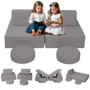 memorecool modular toddler couch building fort for playroom, 8pcs fold out baby couch play set, convertible children foam couch, grey