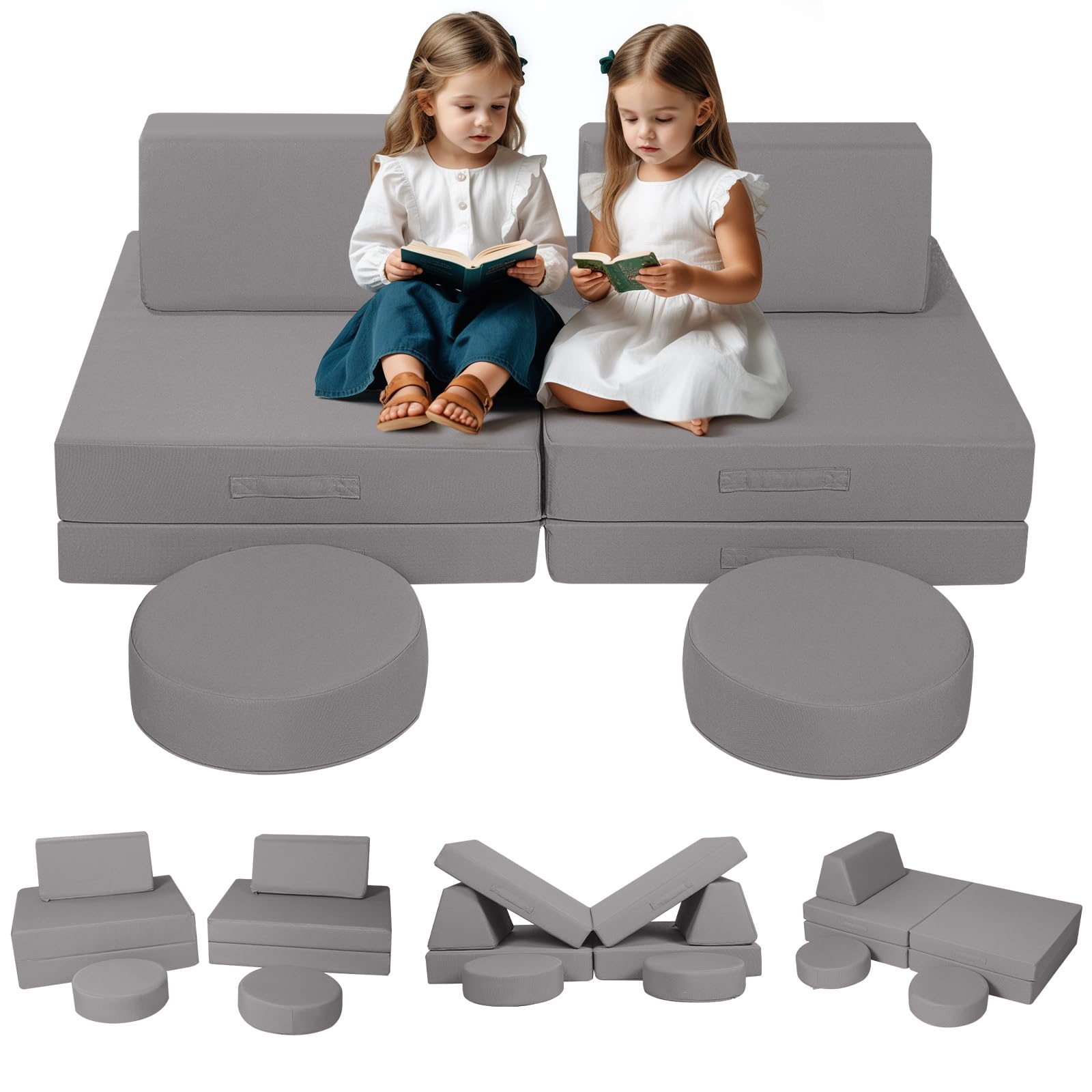 MeMoreCool Modular Toddler Couch Building Fort for Playroom, 8pcs Fold Out Baby Couch Play Set, Convertible Children Foam Couch, Grey