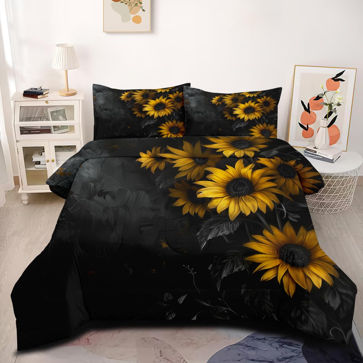 CCoutueChen Black Floral Comforter Yellow Sunflower Painting Comforter Set Full Size Botanical Flowers Bedding for Women Girls Kids Teens Lightweight Summer Bed Set