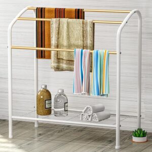 kaileyouxiangongsi 30" free standing towel rack, 3 tier alloy steel stand with bottom shelf, blanket drying and display rack for oversized bath towels bathroom accessories, next to tub or shower