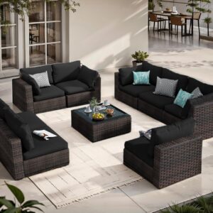 TANGJEAMER 9 Piece Patio Furniture Set All Weather PE Rattan Outdoor Sectional Sofa Couch with No-Slip Cushions and Glass Top Table for Garden, Poolside, Backyard (Black)