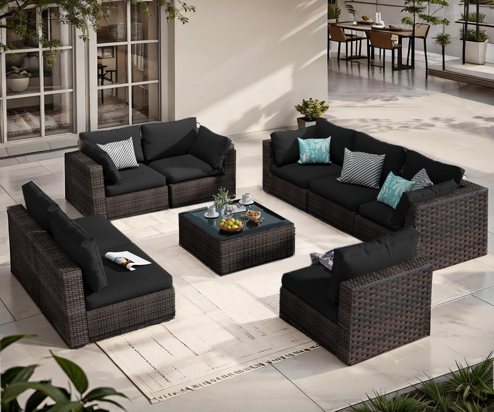 TANGJEAMER 9 Piece Patio Furniture Set All Weather PE Rattan Outdoor Sectional Sofa Couch with No-Slip Cushions and Glass Top Table for Garden, Poolside, Backyard (Black)