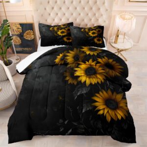 CCoutueChen Black Floral Comforter Yellow Sunflower Painting Comforter Set Full Size Botanical Flowers Bedding for Women Girls Kids Teens Lightweight Summer Bed Set