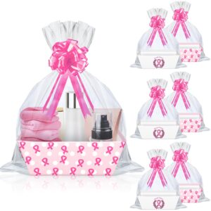 resurhang 6 set 10 x 8 x 3.2 breast cancer awareness baskets for gifts empty with cellophane wraps and ribbons bows cardboard basket tray for gift packaging holiday birthday wedding