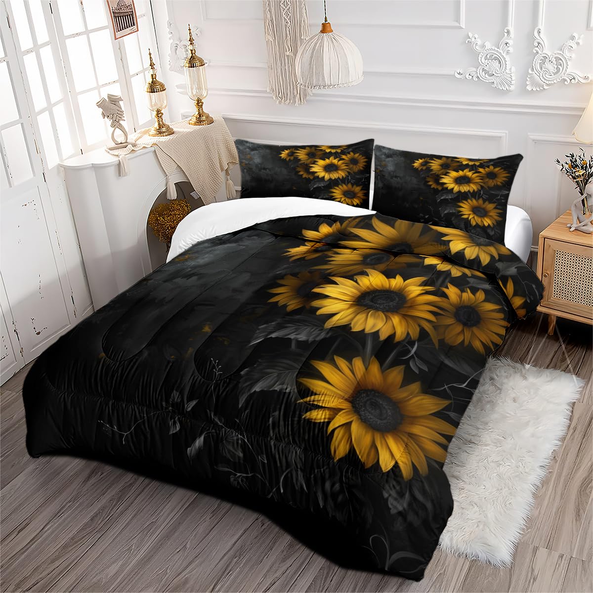 CCoutueChen Black Floral Comforter Yellow Sunflower Painting Comforter Set Full Size Botanical Flowers Bedding for Women Girls Kids Teens Lightweight Summer Bed Set