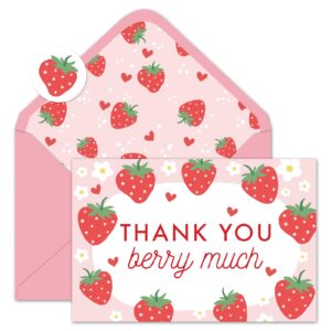 whaline 24 pack strawberry thank you cards bulk pink fruit greeting cards with envelopes stickers blank note cards for summer wedding birthday baby shower party supplies, 4 x 6 inch