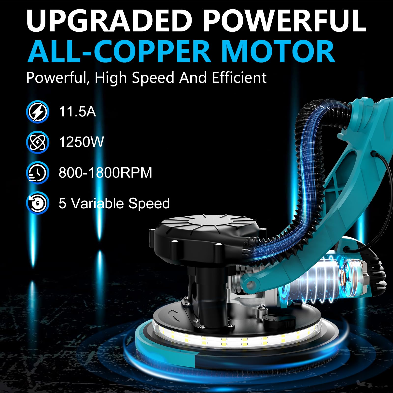 Drywall Sander, 1250W 11.5-Amp Electric Drywall Sander with Vacuum, Popcorn Ceiling Removal Tool with Variable Speed 800-1800RPM, Foldable & Extendable Handle, LED Light, 18pcs Sanding Discs