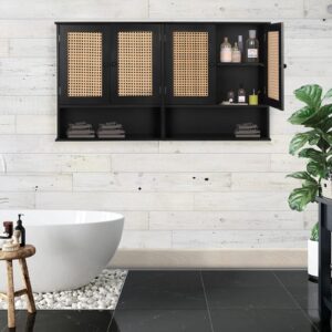 Bathroom Medicine Cabinet Wall Mounted,Black Rattan Storage Cabinet,Towel Cabinet for Bathroom Storage Over the Toilet,Floating Cabinet for Small Spaces,Hanging Cabinet for Kitchen Laundry Living Room