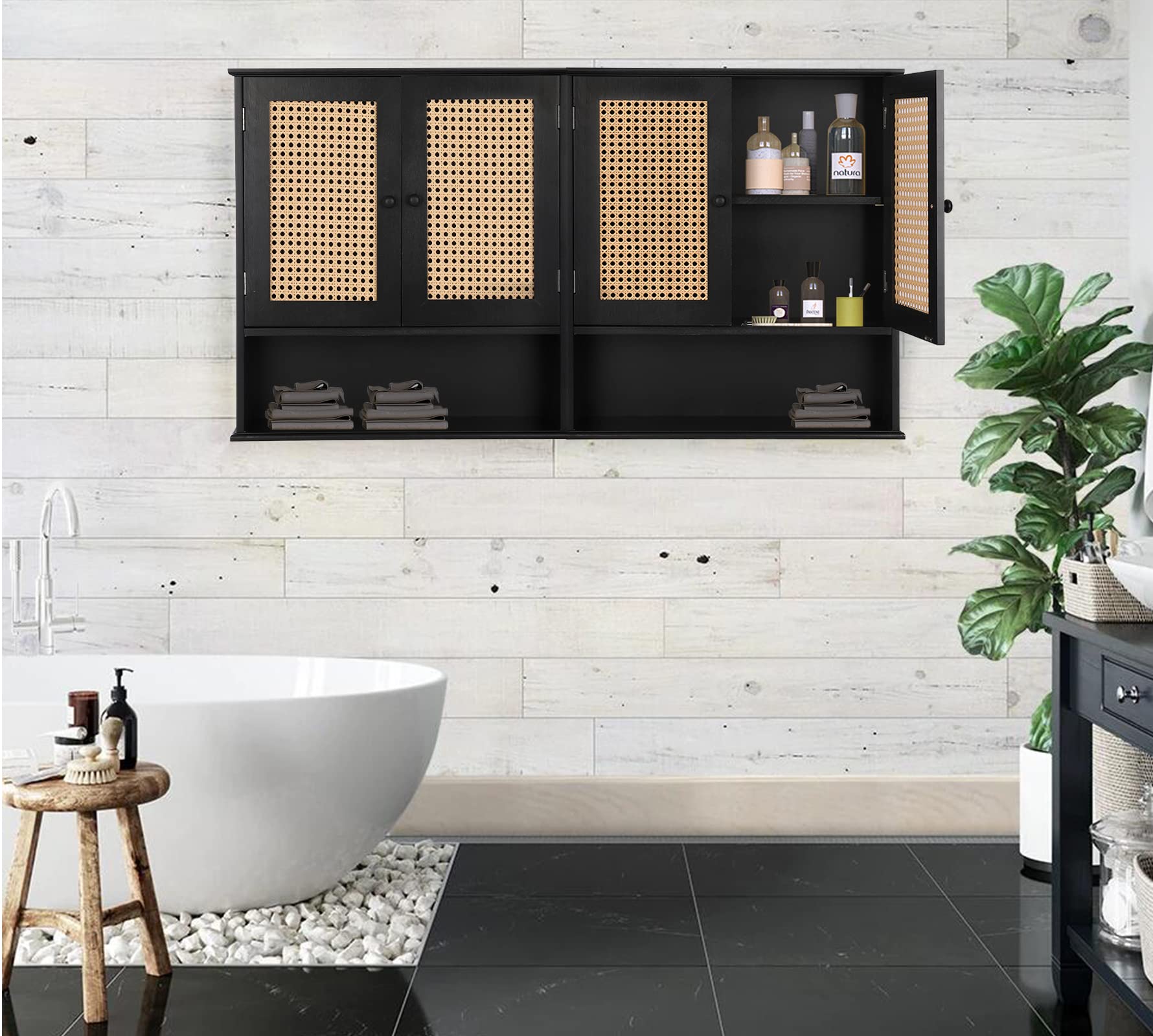 Bathroom Medicine Cabinet Wall Mounted,Black Rattan Storage Cabinet,Towel Cabinet for Bathroom Storage Over the Toilet,Floating Cabinet for Small Spaces,Hanging Cabinet for Kitchen Laundry Living Room