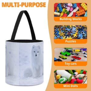 Arctic Fox in The Snow Block Toys Storage Basket Collapsible Building Bag with Drawstring Halloween Easter Basket