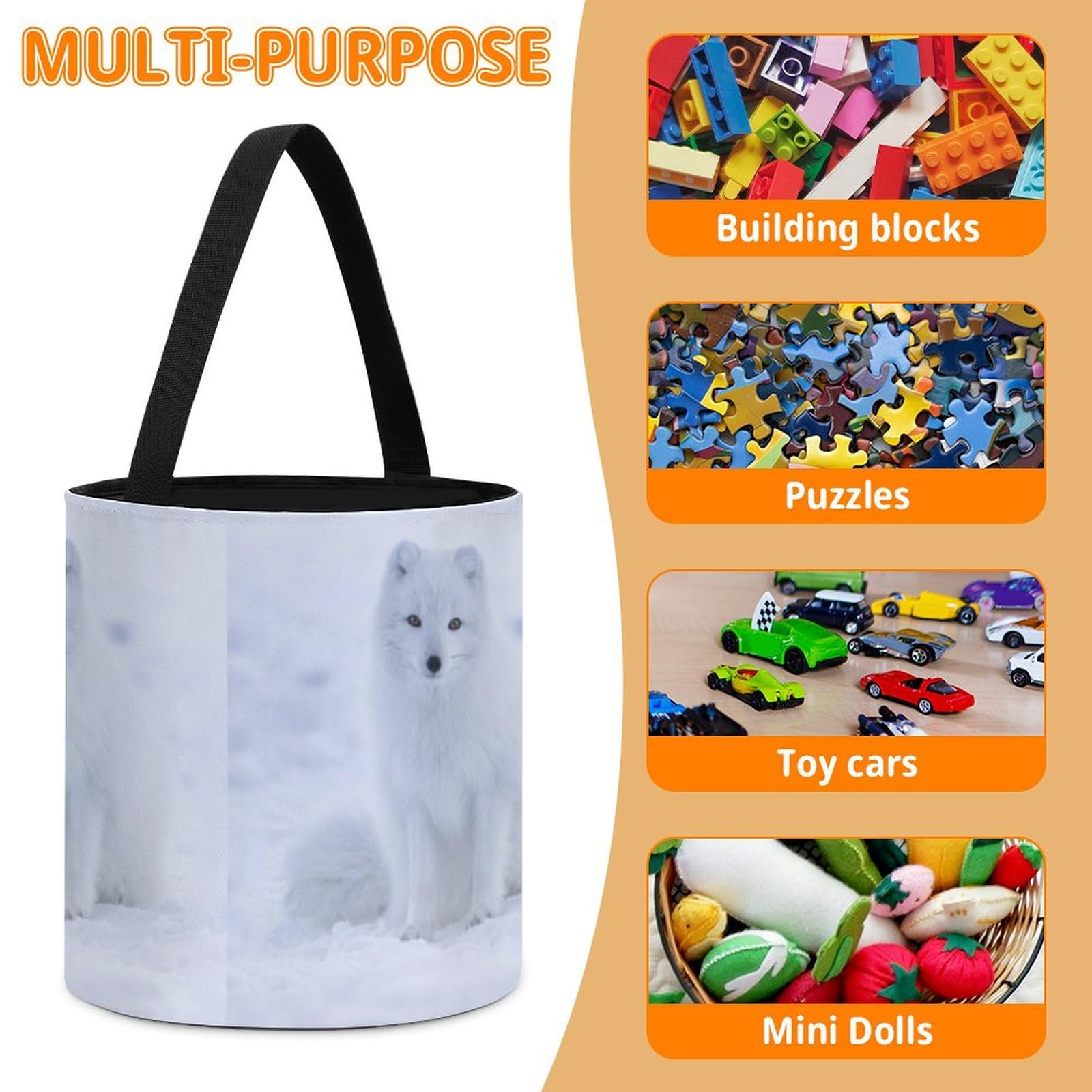 Arctic Fox in The Snow Block Toys Storage Basket Collapsible Building Bag with Drawstring Halloween Easter Basket