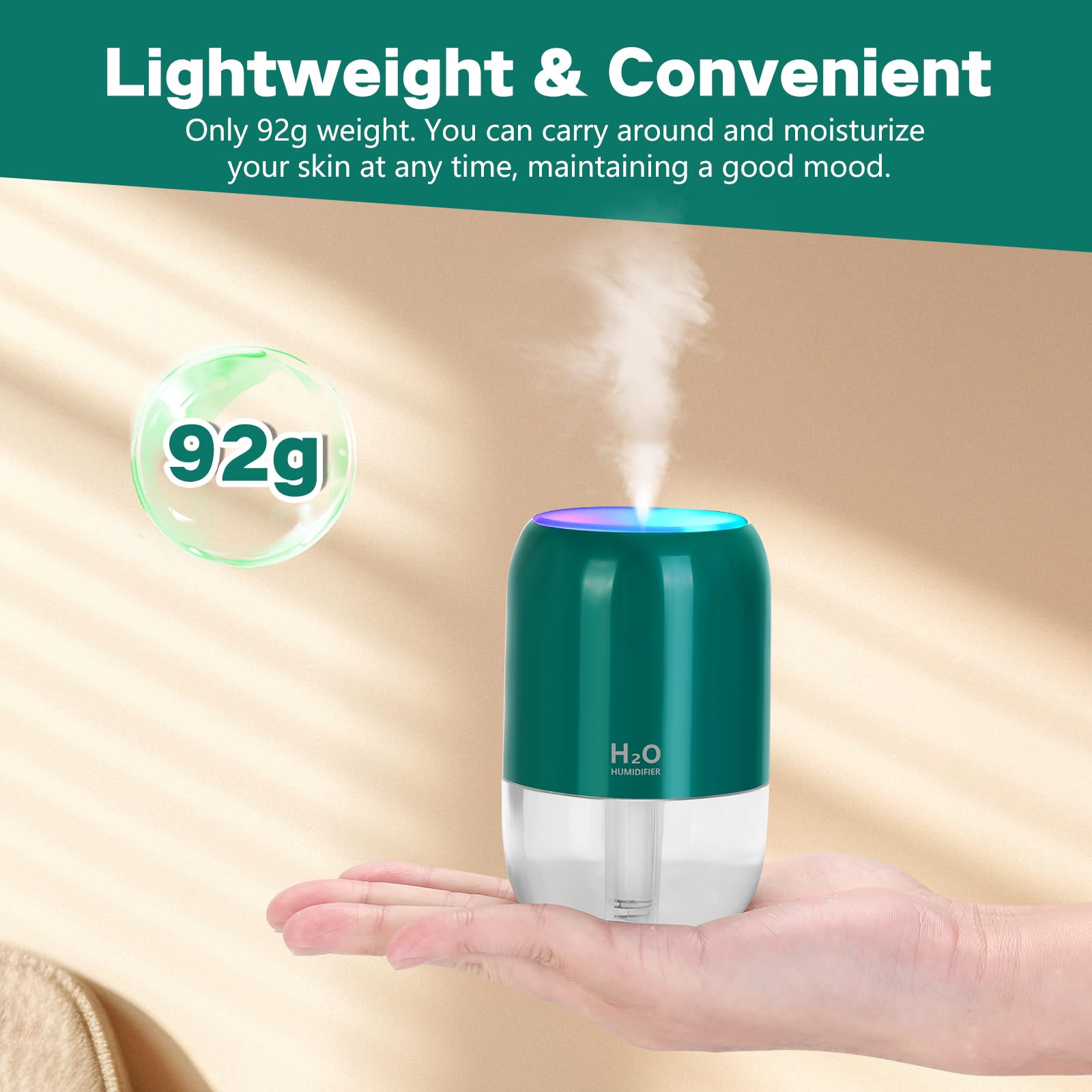 Mini Humidifiers for Bedroom, 200ml Cool Mist Humidifiers for Home Nursery Indoor Plants, Room Humidifiers for Bedroom Quiet Easy Clean Auto Shut-off Top Fill Humidifier for Car Office Desktop, Green