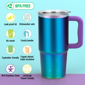 Zukro 24 oz Tumbler with Handle and Straw, Triple-wall Vacuum Insulated Coffee Travel Mug with 2 Lids For Hot/Cold Drinks, No Sweat Stainless Steel Cup for Home/Office, Dishwasher Safe, Aurora