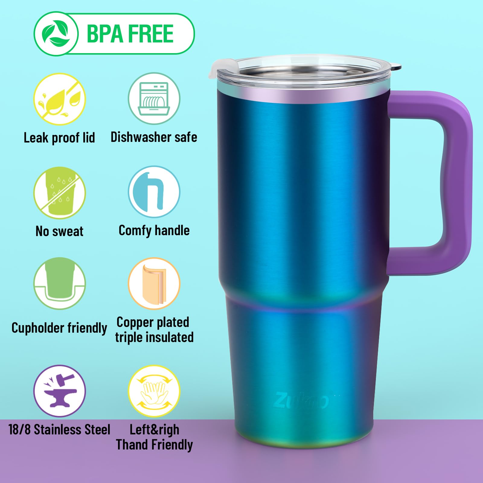 Zukro 24 oz Tumbler with Handle and Straw, Triple-wall Vacuum Insulated Coffee Travel Mug with 2 Lids For Hot/Cold Drinks, No Sweat Stainless Steel Cup for Home/Office, Dishwasher Safe, Aurora