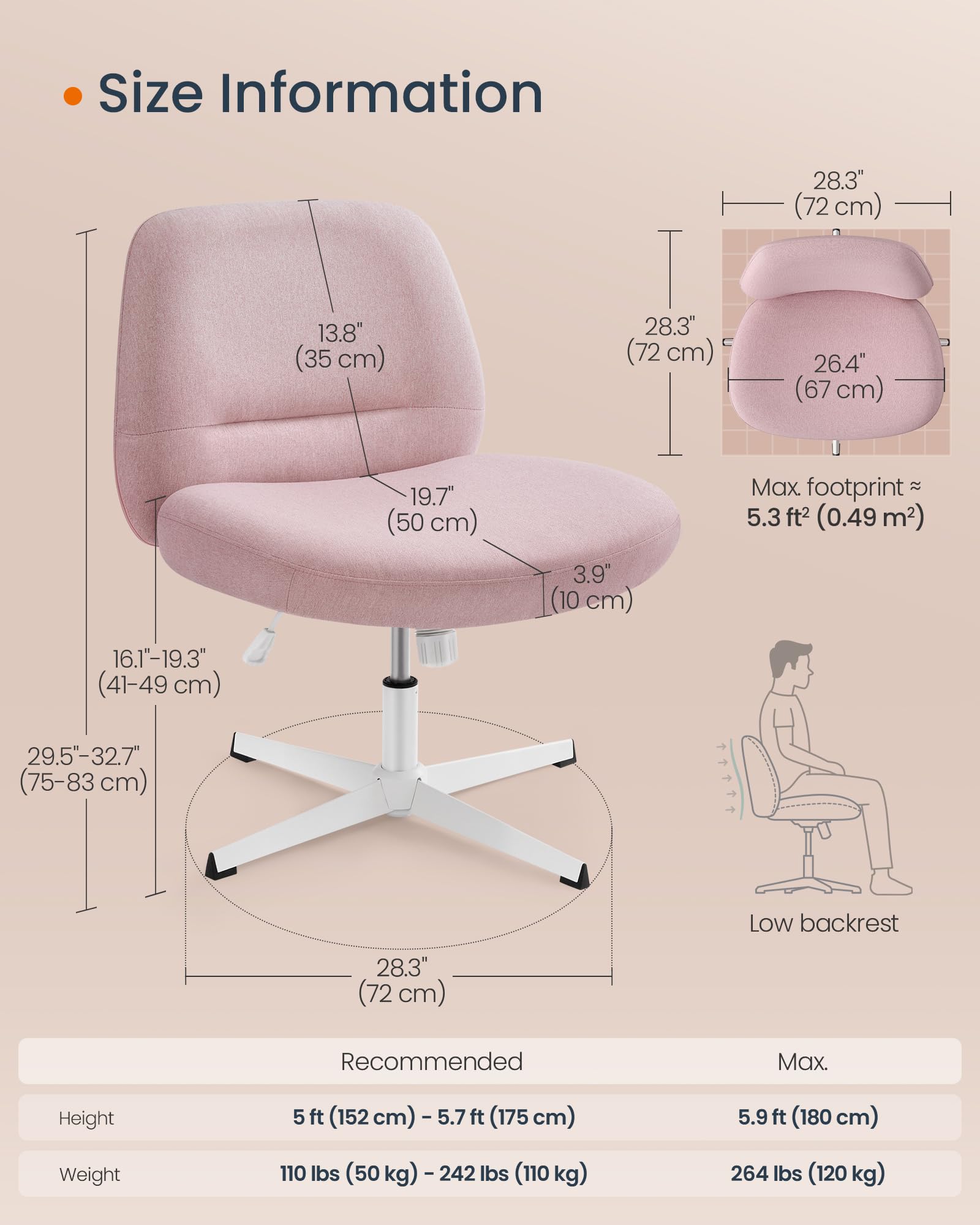 SONGMICS HOME Criss Cross Legged Chair, Armless Office Desk Chair No Wheels, Wide Comfortable Adjustable Swivel Vanity Chair for Home Office, Cotton-Linen Fabric, Jelly Pink UOBG046R03