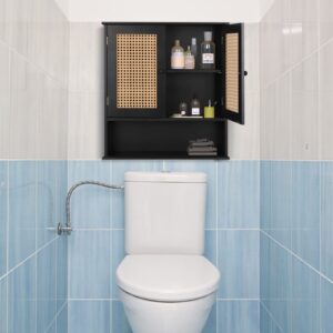 Bathroom Medicine Cabinet Wall Mounted,Black Rattan Storage Cabinet,Towel Cabinet for Bathroom Storage Over the Toilet,Floating Cabinet for Small Spaces,Hanging Cabinet for Kitchen Laundry Living Room