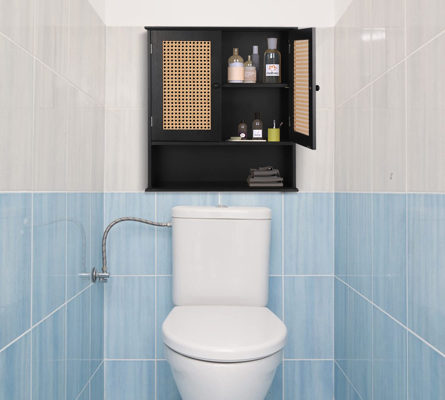 Bathroom Medicine Cabinet Wall Mounted,Black Rattan Storage Cabinet,Towel Cabinet for Bathroom Storage Over the Toilet,Floating Cabinet for Small Spaces,Hanging Cabinet for Kitchen Laundry Living Room