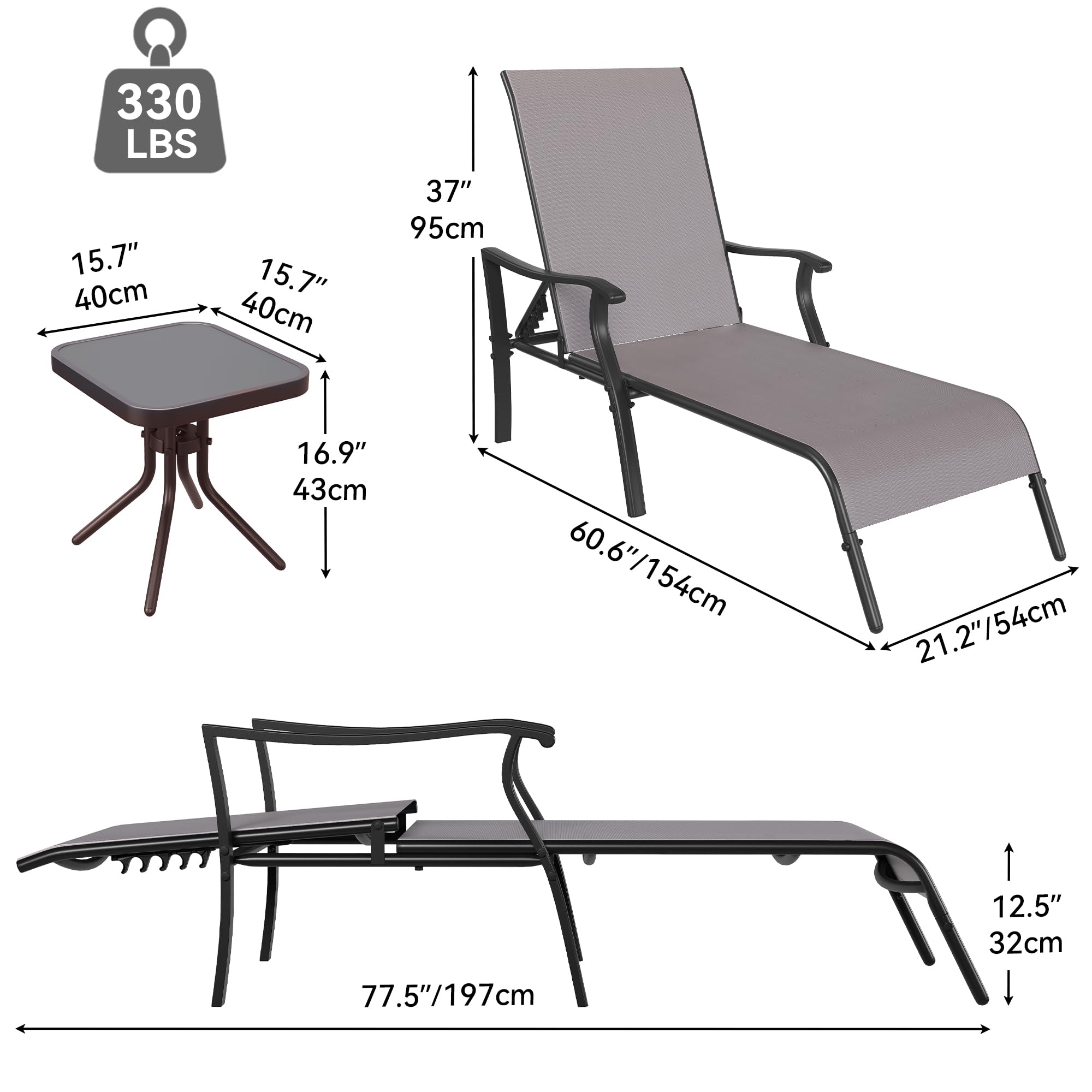 YITAHOME Outdoor Chaise Lounge Chair Set of 3, Patio Lounge Chair with Side Table and 5 Adjustable Positions, Textile Pool Chaise Lounger for Outdoor, Patio, Beach, Yard (Brown)