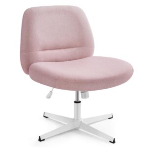 SONGMICS HOME Criss Cross Legged Chair, Armless Office Desk Chair No Wheels, Wide Comfortable Adjustable Swivel Vanity Chair for Home Office, Cotton-Linen Fabric, Jelly Pink UOBG046R03