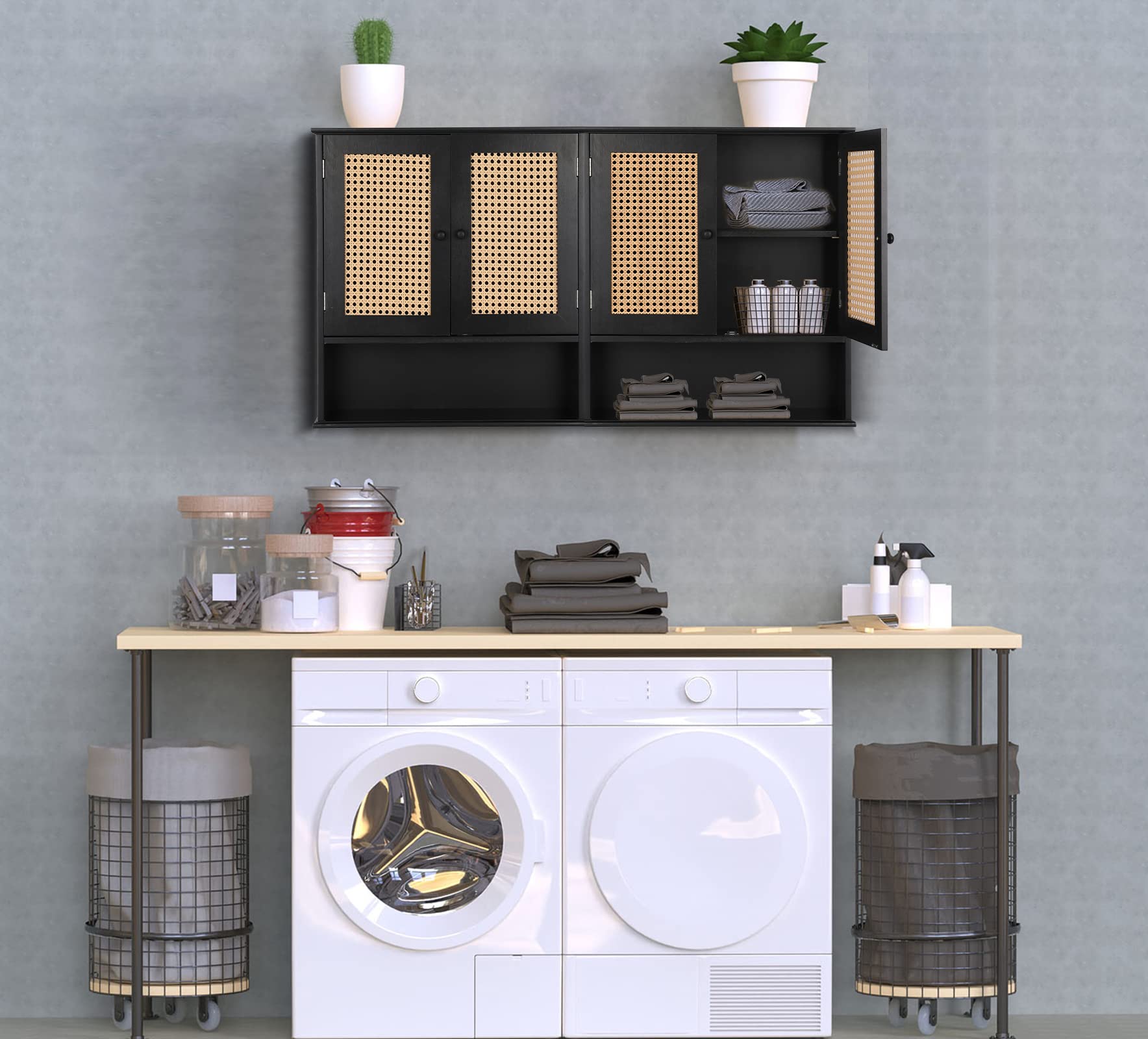 Bathroom Medicine Cabinet Wall Mounted,Black Rattan Storage Cabinet,Towel Cabinet for Bathroom Storage Over the Toilet,Floating Cabinet for Small Spaces,Hanging Cabinet for Kitchen Laundry Living Room