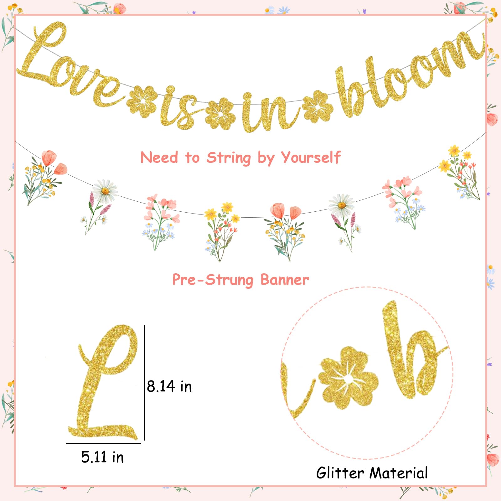 kreat4joy Love is in Bloom Bridal Shower Decorations Banner, Floral Flower Themed Bridal Shower Decorations Banner Garland for Girl Women Bachelorette Wedding Engagement Party