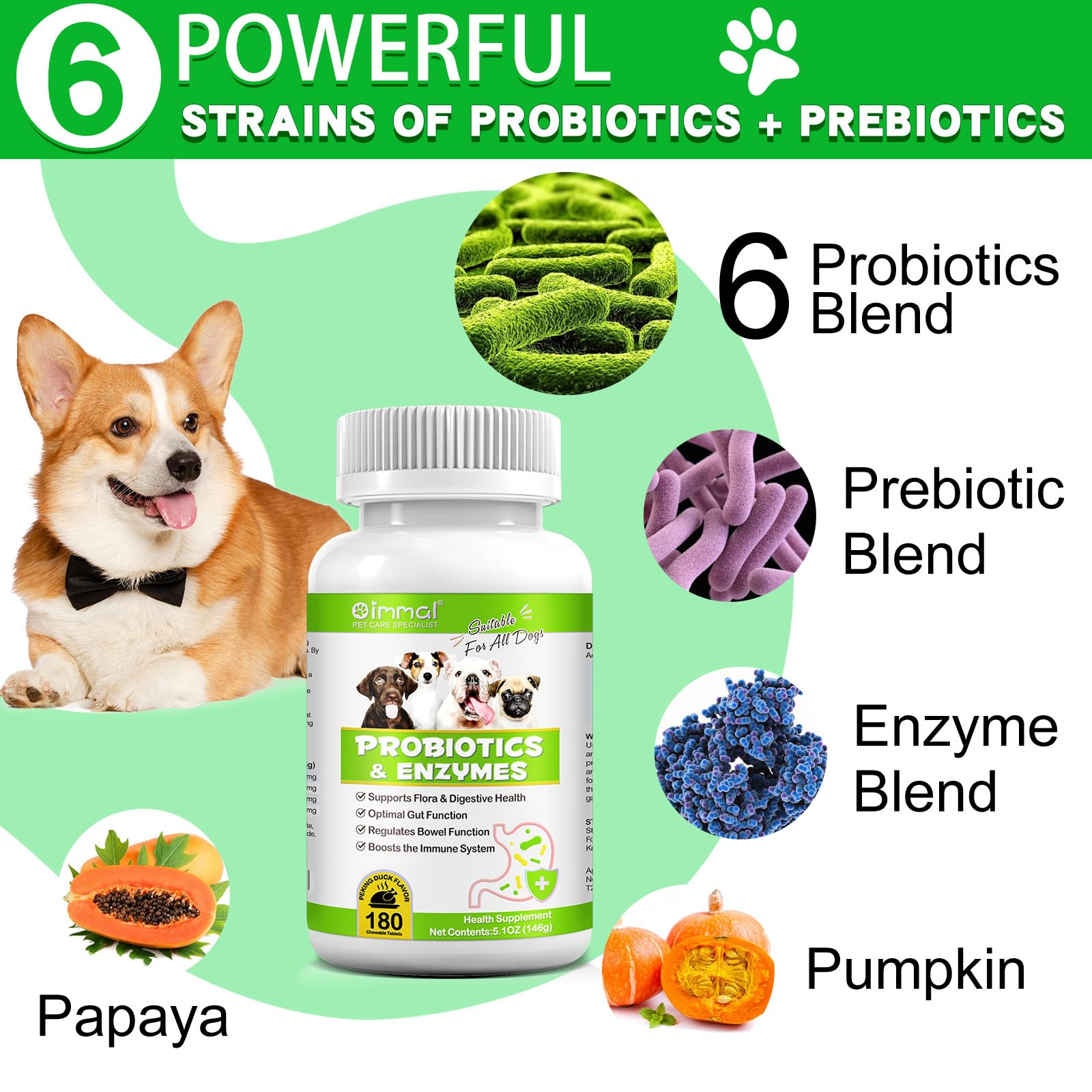 Probiotics for Dogs, 180 Chews Dog Probiotics and Digestive Enzymes, Promotes Gut Health, Dog Probiotics for Bowel Support, Immunity Health