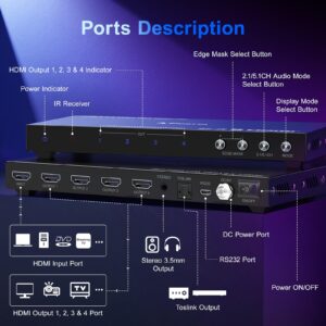 HDMl Video Wall Controller 2x2 4K, PORTTA Video Wall Processor with 11 Splicing Modes, RS232, 180° Rotate, Audio Extractor, 2x2,1x2,1x3,1x4,2x1,3x1x4x1, 4 tv Screens into 1 Wall Display