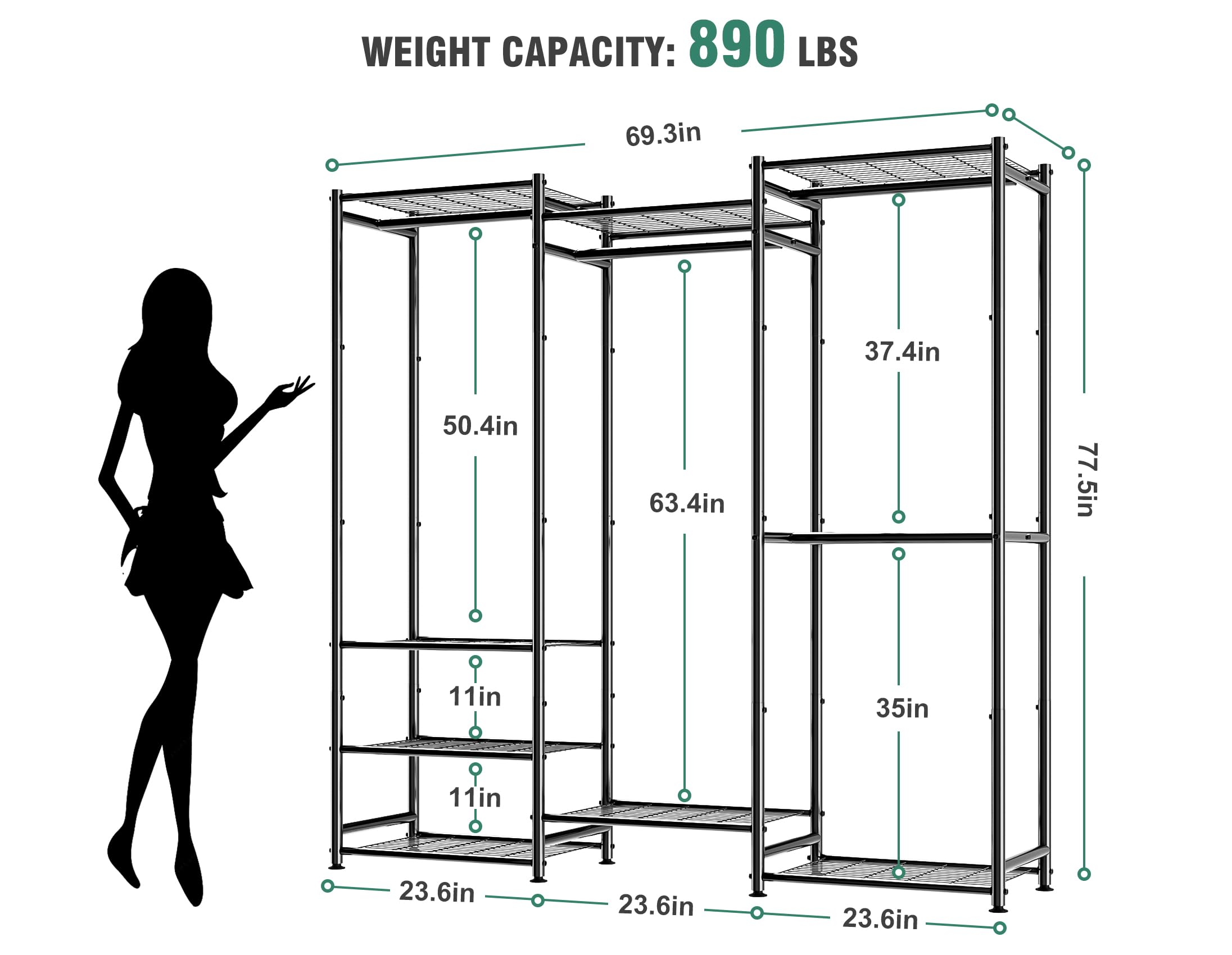 Neatrays Wardrobe Closet Heavy Duty Clothes Rack, Portable Closet Organizer System with 4 Hang Rods & 8 Shelves, Metal Clothing Rack Garment Rack for Hanging Clothes, Max Load 890 LBS