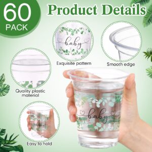 Funnymoom 60 Pack Sage Eucalyptus Baby Shower Plastic Cups for Baby Shower Party Decorations 12 oz Greenery Baby Shower Disposable Clear Cups for Baby Shower Birthday Boho Greenly Party