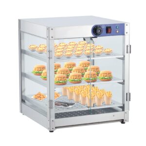 commercial food warming display cabinet, 20" 3 tier, 800 watt hot dog warmer with 3d heating, bottom fan, countertop pastry warmer, temperature knob/indicator, stainless steel framed glass door