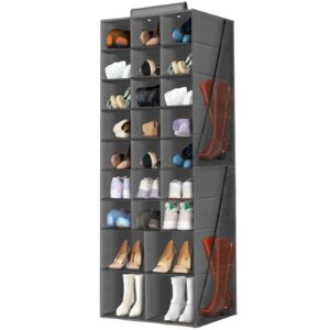 hanging shoe organizer for closet, closet hanging shoe storage rack holder shelves,collapsible shoe closet organizers and storage with 4 large side pockets,25 sections for shoes,hats,clothes(gray)