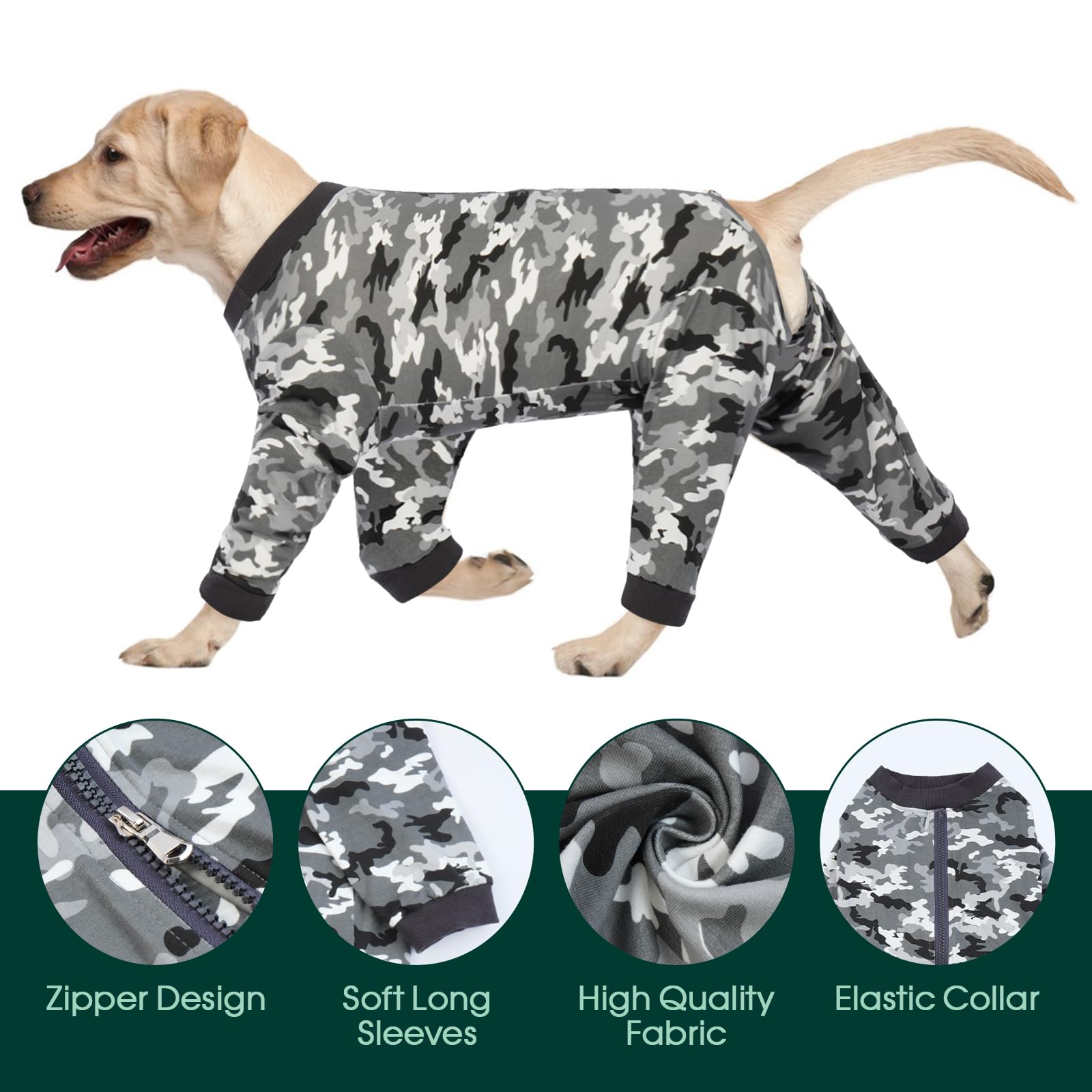 Kuoser Dog Surgery Suit Female Spay, Soft Dog Pajamas, Long Sleeve Dog Recovery Suit, Dog Clothes Onesie for Surgery, Pet Neuter Spay Bodysuit Apparel with Zipper, E-Collar & Cone Alternative