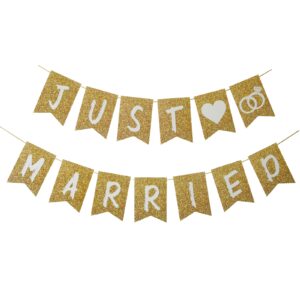 pre-strung just married banner, no diy gold wedding party banner, vintage just married banner wedding bunting photo booth props signs garland bridal shower decoration, wedding decoration for reception